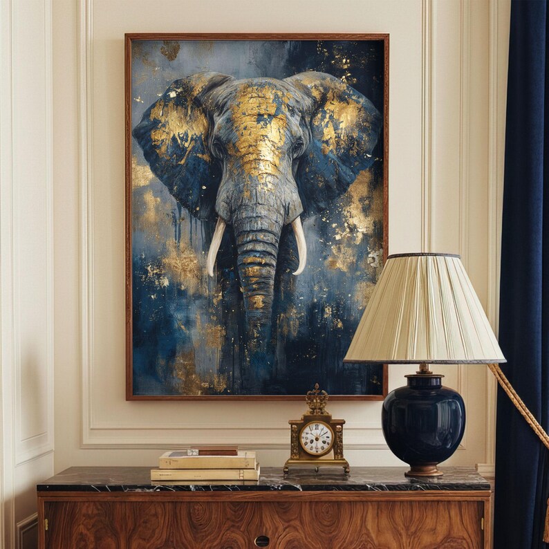 Elephant Wall Art, Abstract Blue and Gold Print, Moody Animal Decor ...