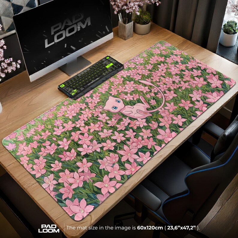 Pink Floral Mew Mouse Pad, Cute Pokemon Desk Mat, Cottagecore Aesthetic ...