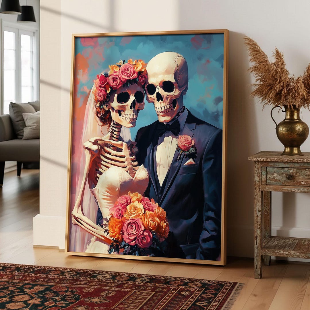 Skeleton Couple Wall Art, Gothic Wedding Print, Macabre Decor, Colorful ...