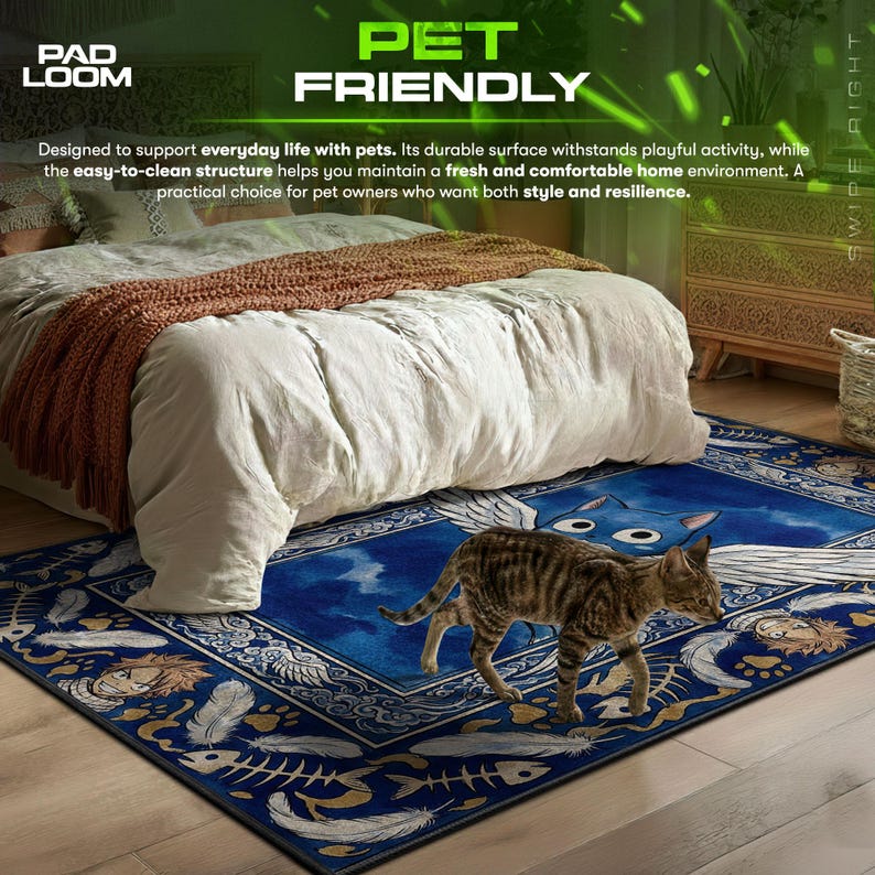 Happy Fairy Tail Exceed Area Rug, Flying Blue Cat Decor, Natsu's ...