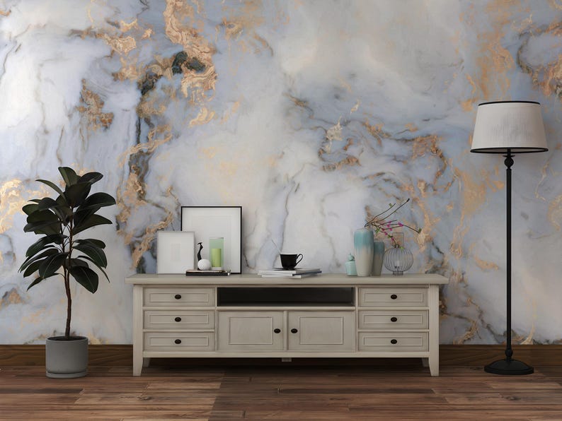 Blue Gold Marble Wall Mural | Luxury Abstract Peel and Stick Wallpaper ...