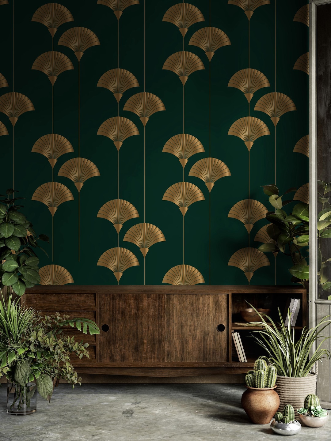 Emerald Green Art Deco Wallpaper | Geometirc Wall Mural Peel and Stick ...