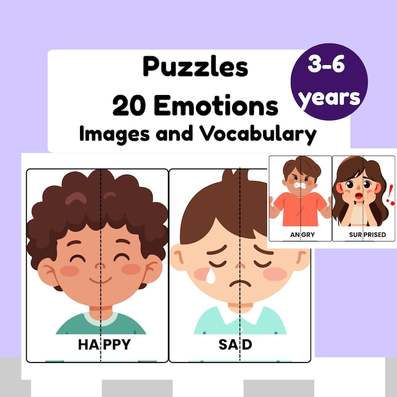 Emotions Matching Puzzles for Kids | 20 Two-piece Puzzles (ages 3-6) - Etsy