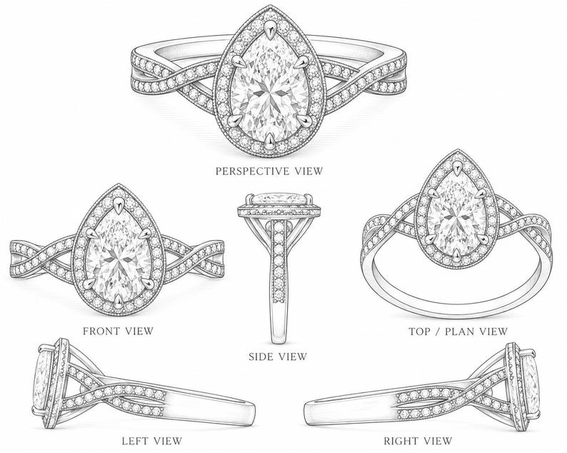 Lab Grown Pear Diamond Halo Engagement Ring, 14K Rose Gold Split Shank ...