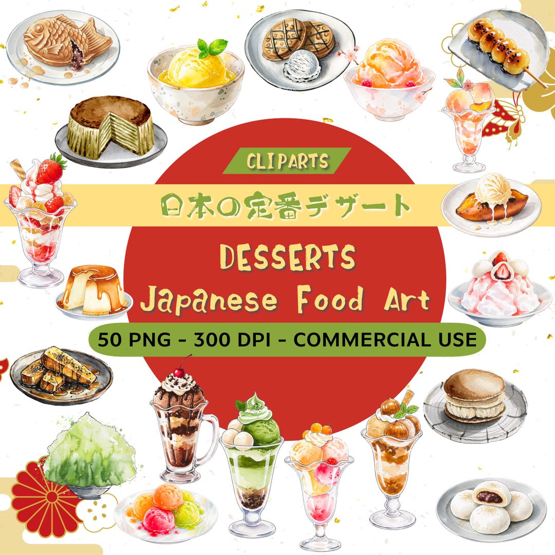 Japanese Food - Watercolor-style Clip Art Set of Popular Desserts in ...