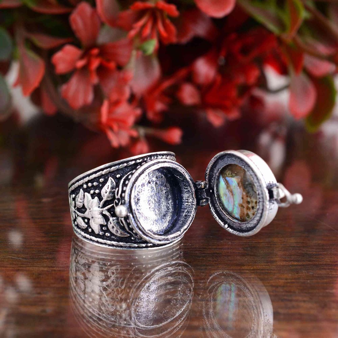 Abalone Poison Box Ring, Floral Secret Locket Ring, Antique Silver ...