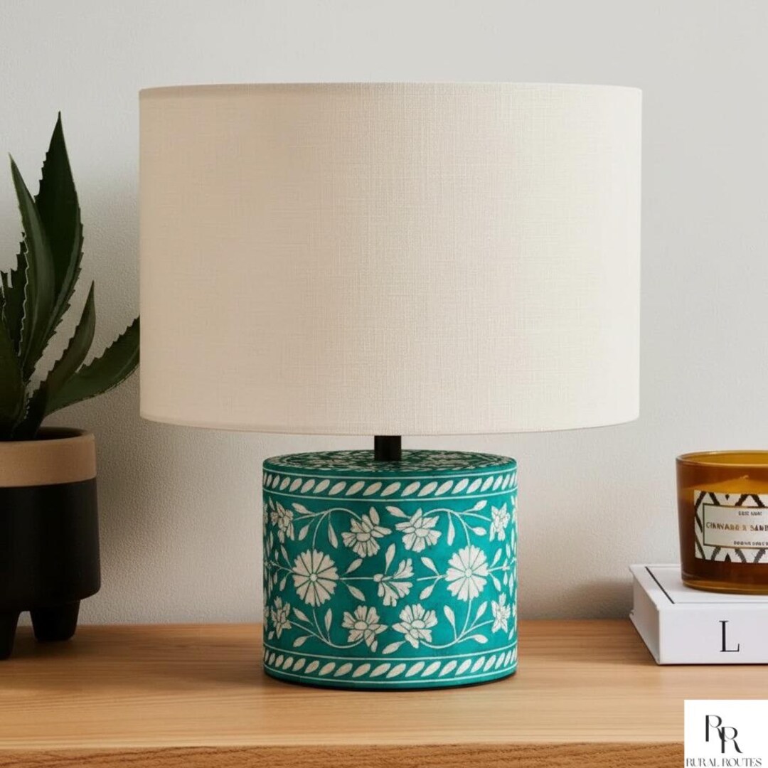 Handmade Green Bone Inlay Table Lamp, Floral Boho Accent Lamp, Indian ...