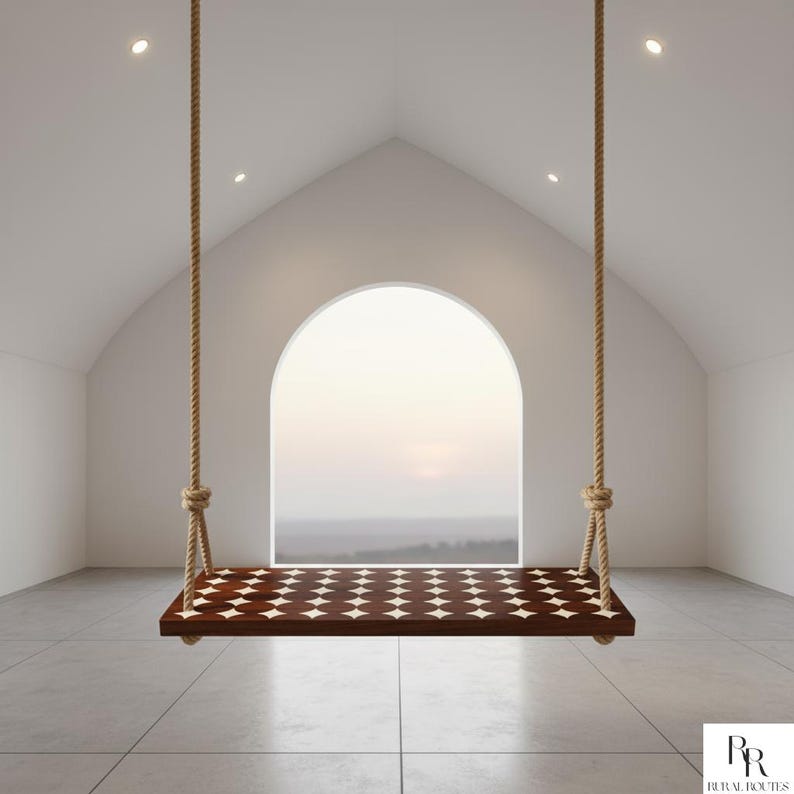 Handcrafted Wooden Swing With Geometric Inlay | Boho Rope Hanging Seat ...