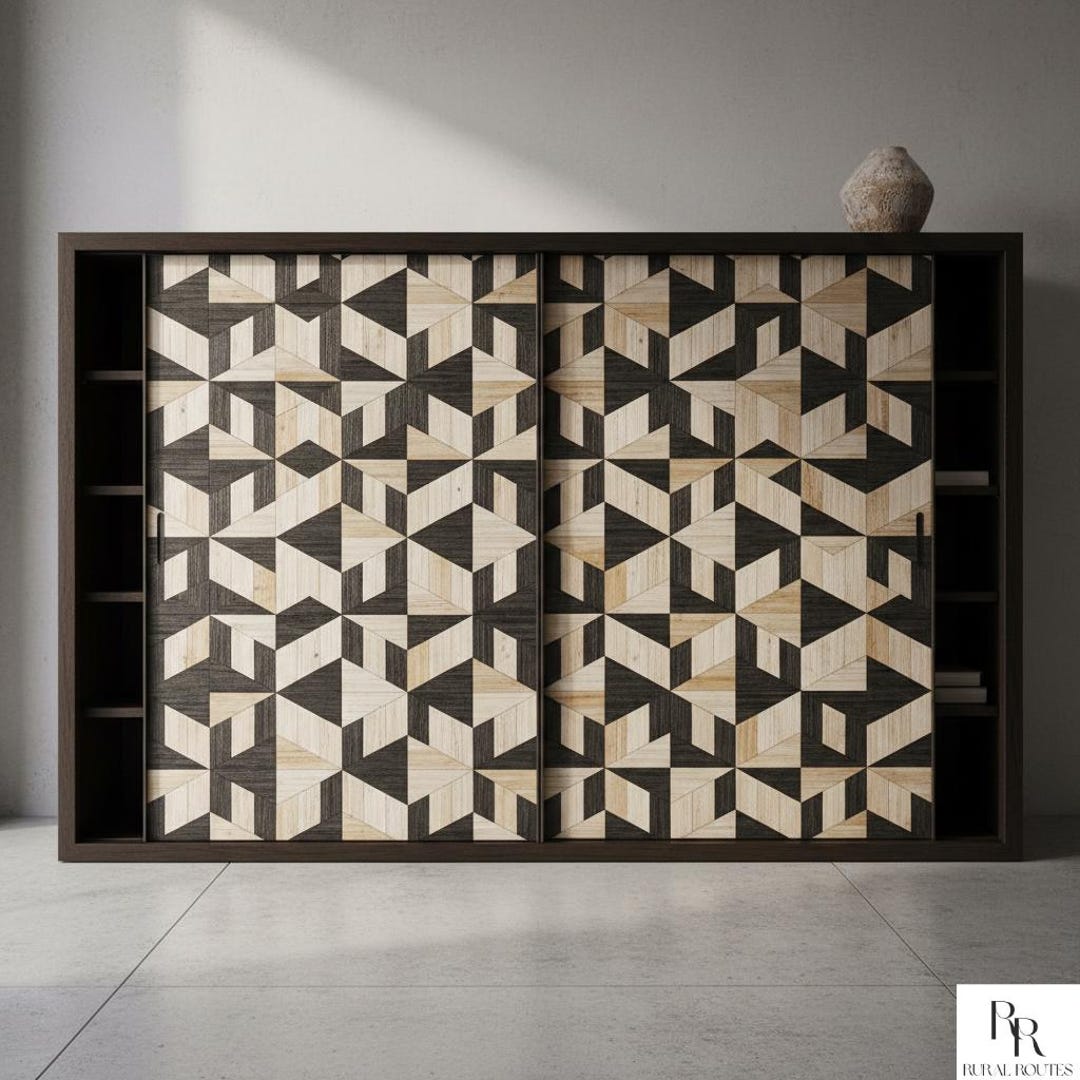 Geometric Wood Inlay Cabinet – Handmade Modern Sideboard, 3D Pattern ...