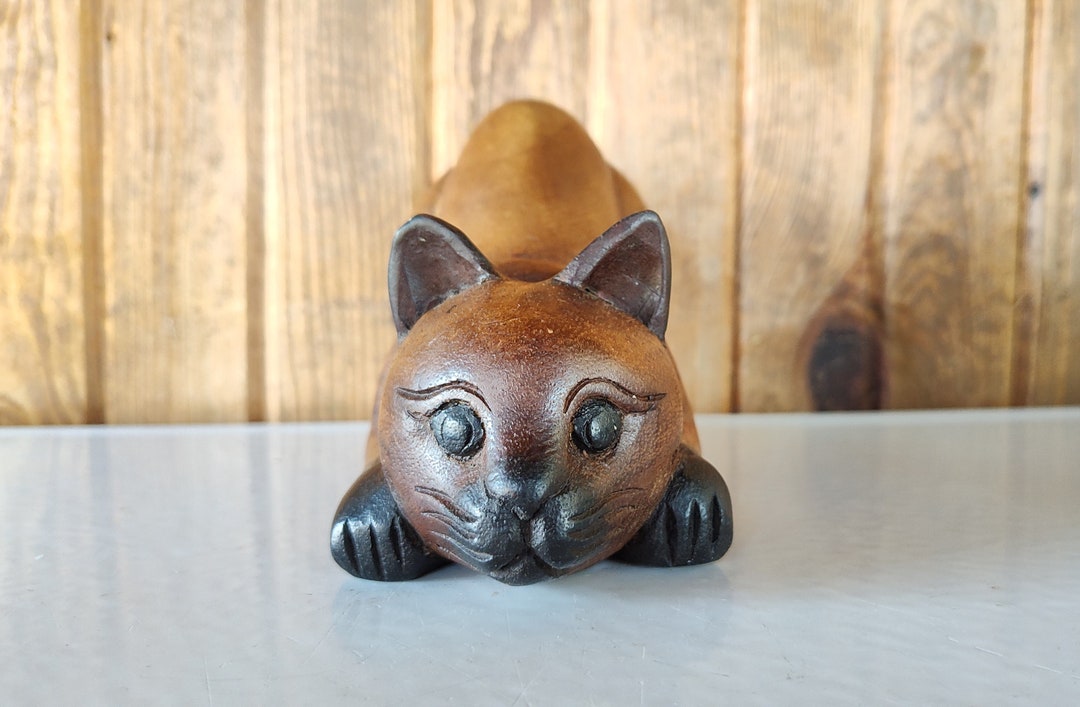 Vintage Carved Wood Cat Wood Cat Figurine Folk Art Cat - Etsy