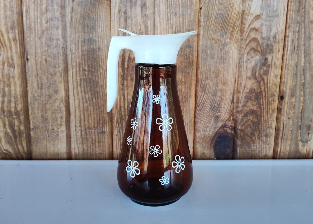 Vintage Brown Glass Syrup Pitcher With Flowers, Thatcher Glass Syrup ...