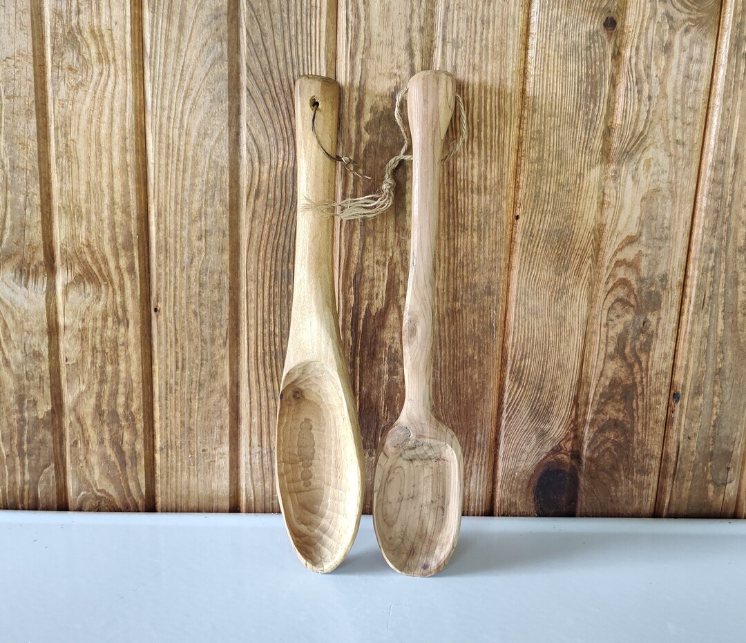 Vintage Hand Carved Wooden Spoons, Set of 2 Large Wooden Spoons ...