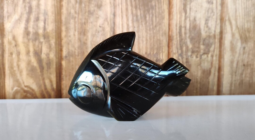 Vintage Hand Carved Black Obsidian Fish Sculpture: Polished Paperweight ...