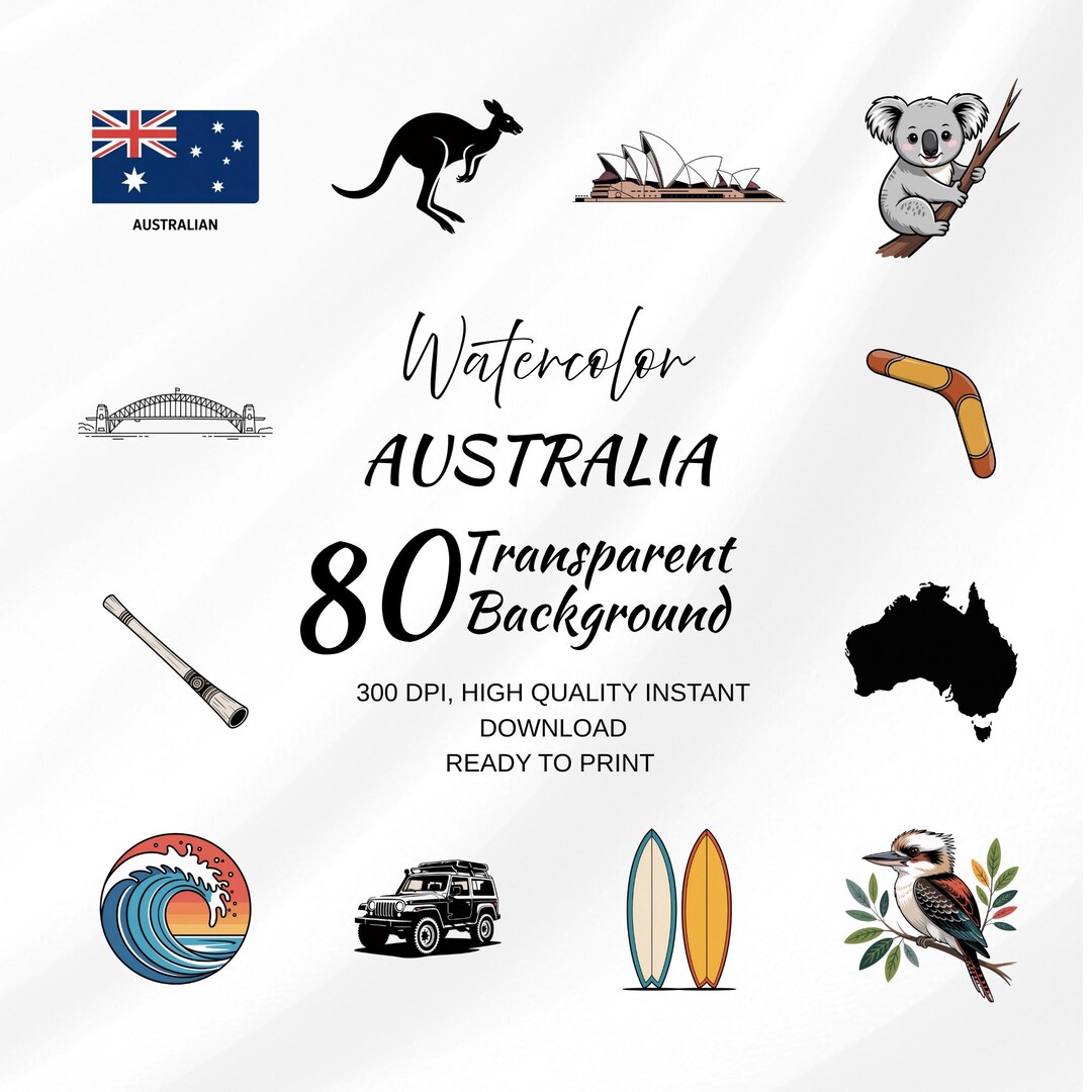 Australia PNG Clipart Bundle – 80 Outback, Wildlife Beach Illustrations ...