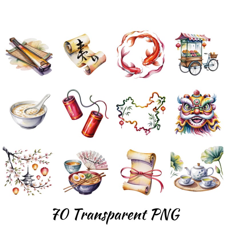 Watercolor Chinese Clipart Bundle – 70 PNG Asian Lanterns, Pandas ...