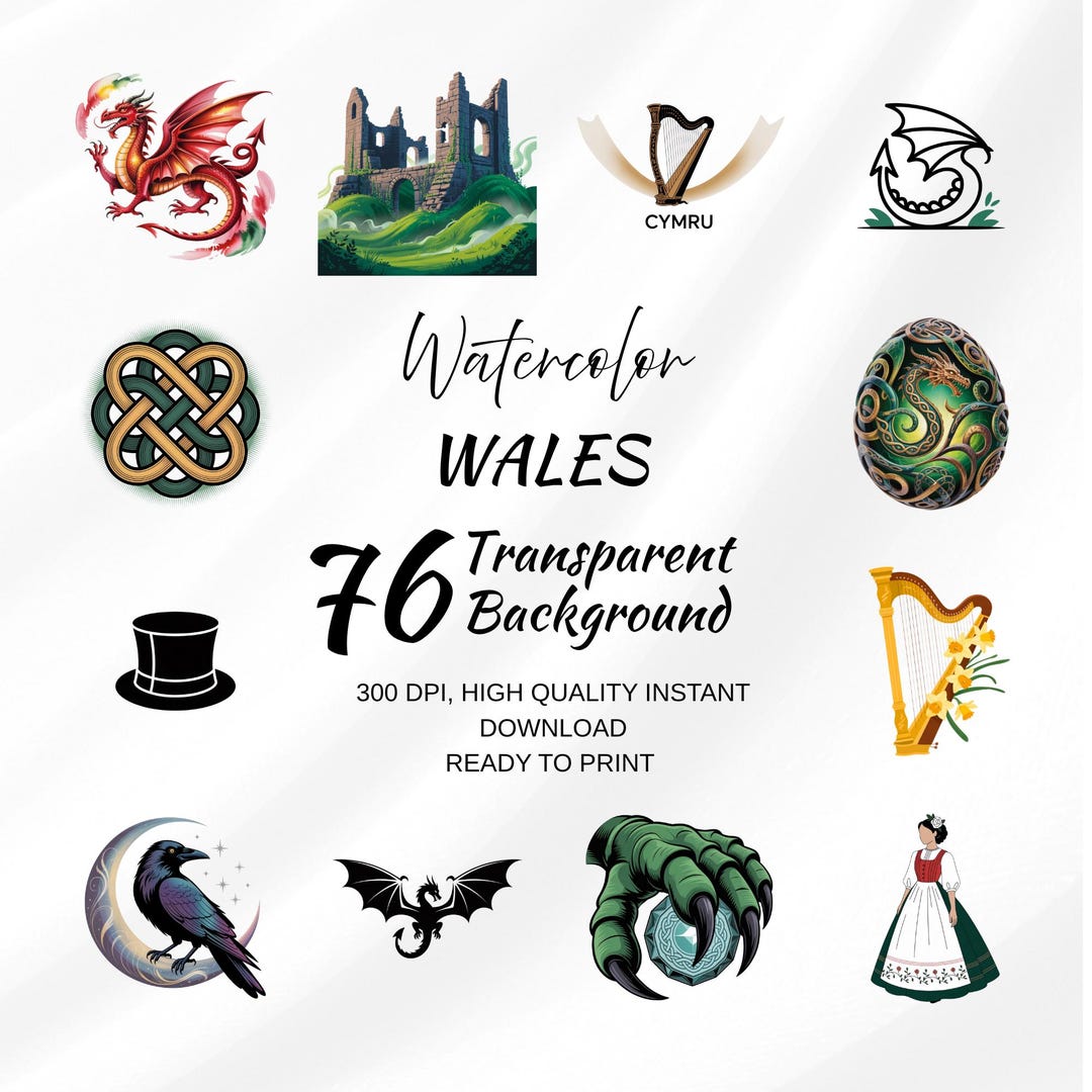 Wales Watercolor Clipart Bundle – 76 Transparent Pngs, Welsh Symbols ...