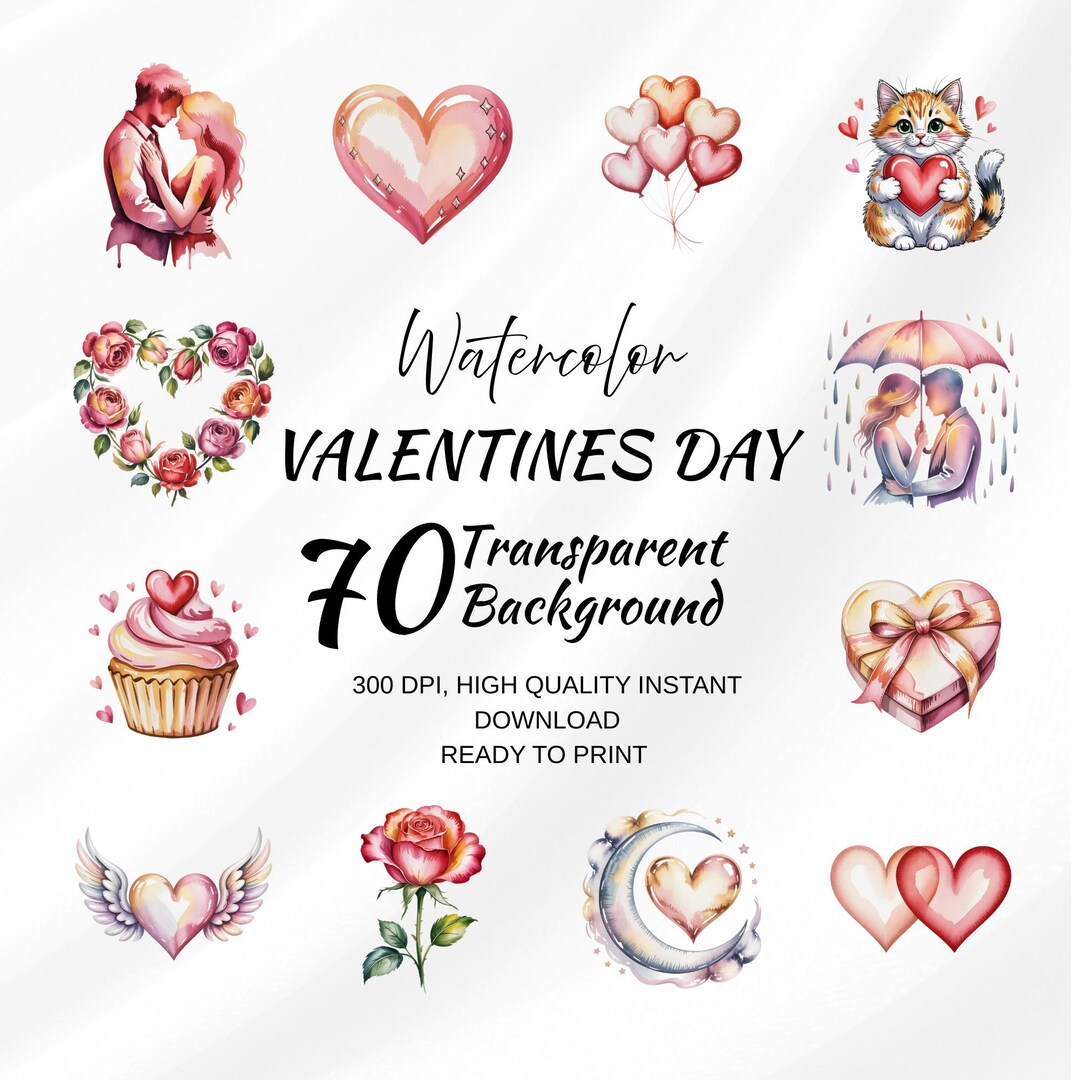 Valentines Day Watercolor Clipart Bundle – 70 Transparent PNG Love ...
