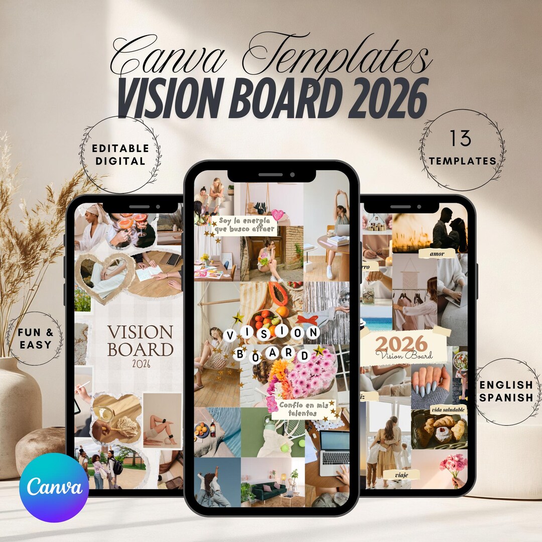 2026 Vision Board Canva Templates | Editable Digital Vision Board ...
