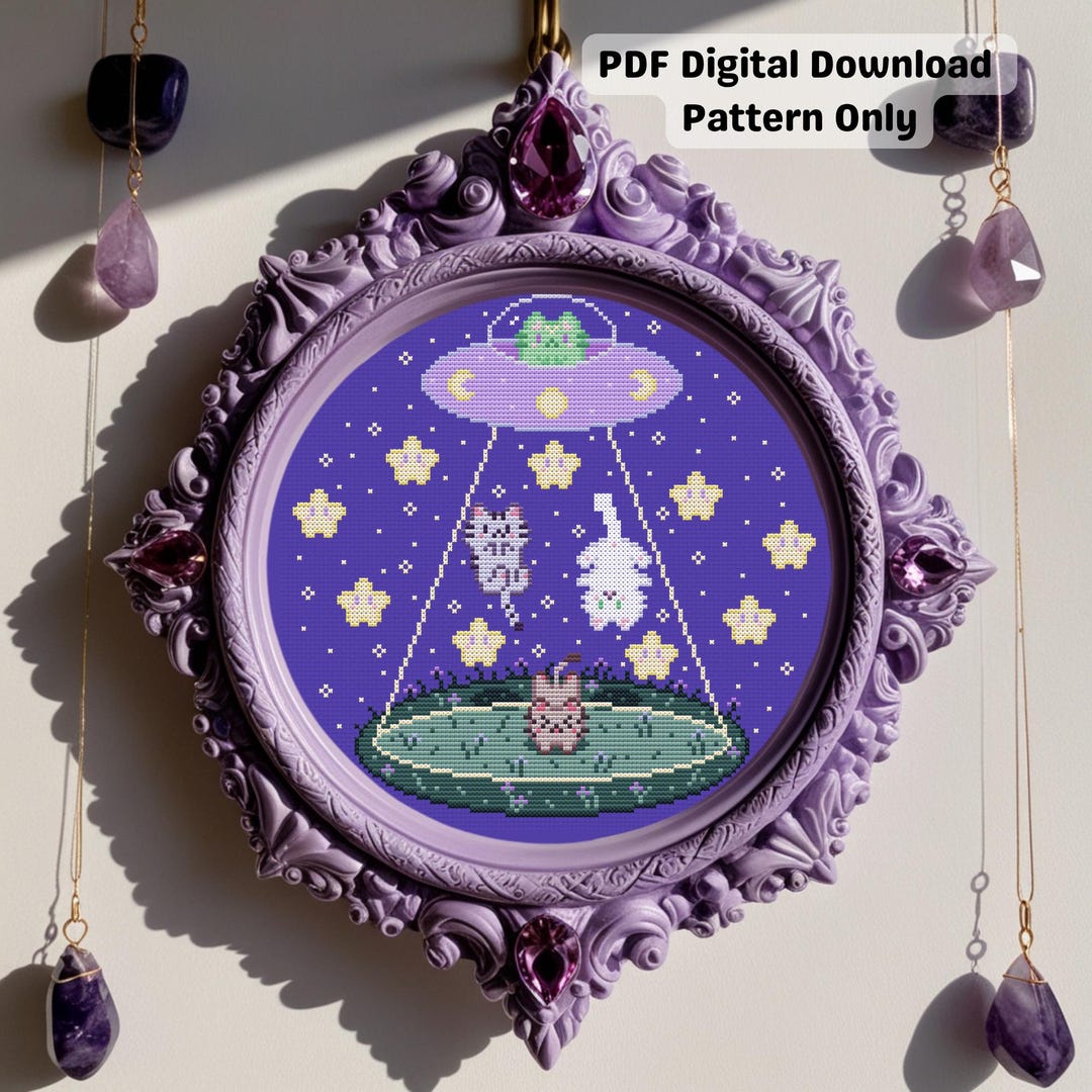 UFO Alien Cat Abduction Funny Counted Cross Stitch Pattern (PDF Digital ...