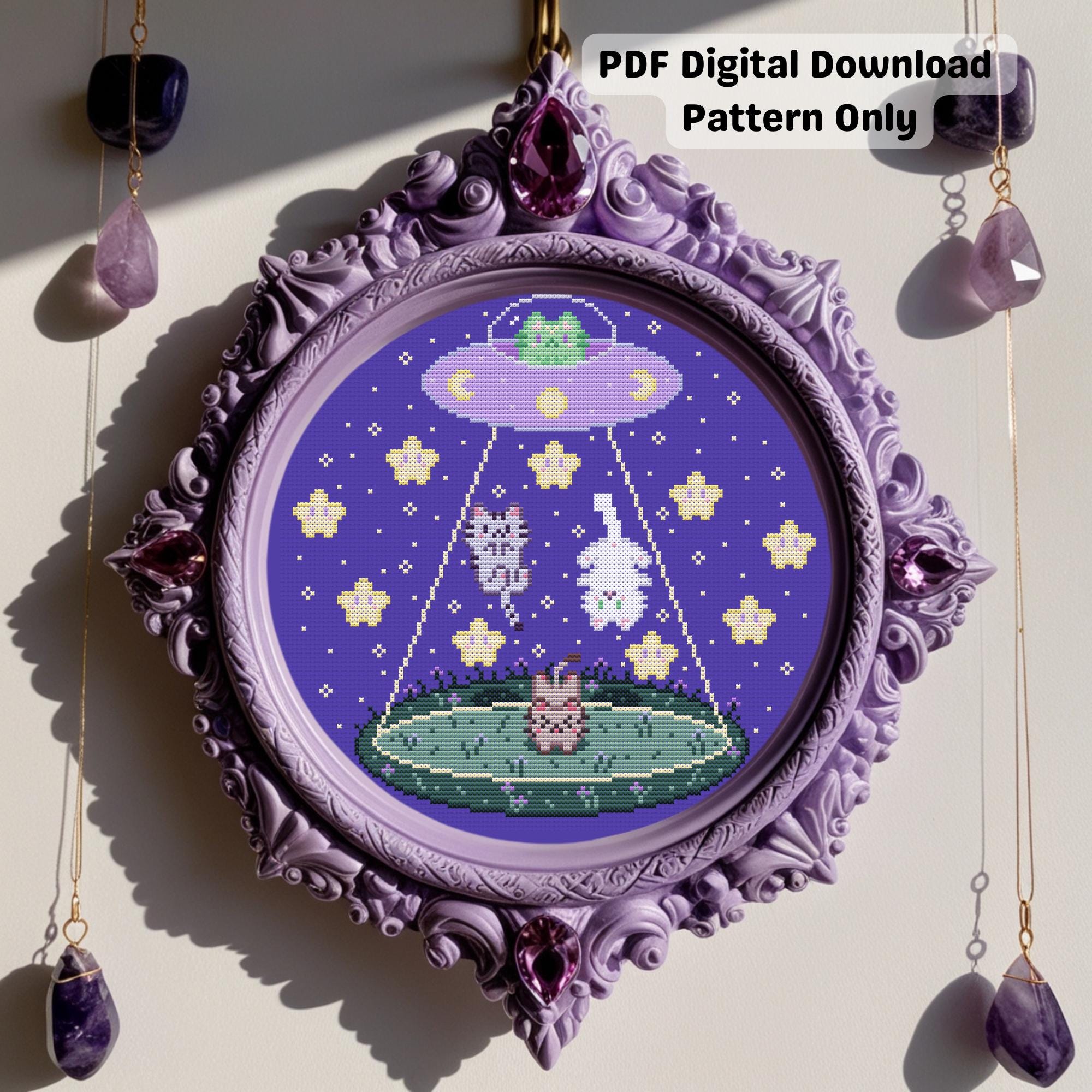 UFO Alien Cat Abduction Funny Counted Cross Stitch Pattern (PDF Digital ...