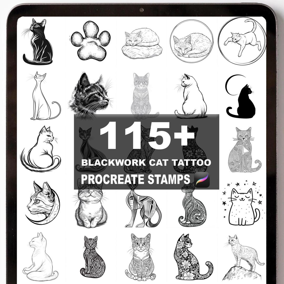 115+ Procreate Blackwork Cat Tattoo Brushes | Procreate Stamps ...