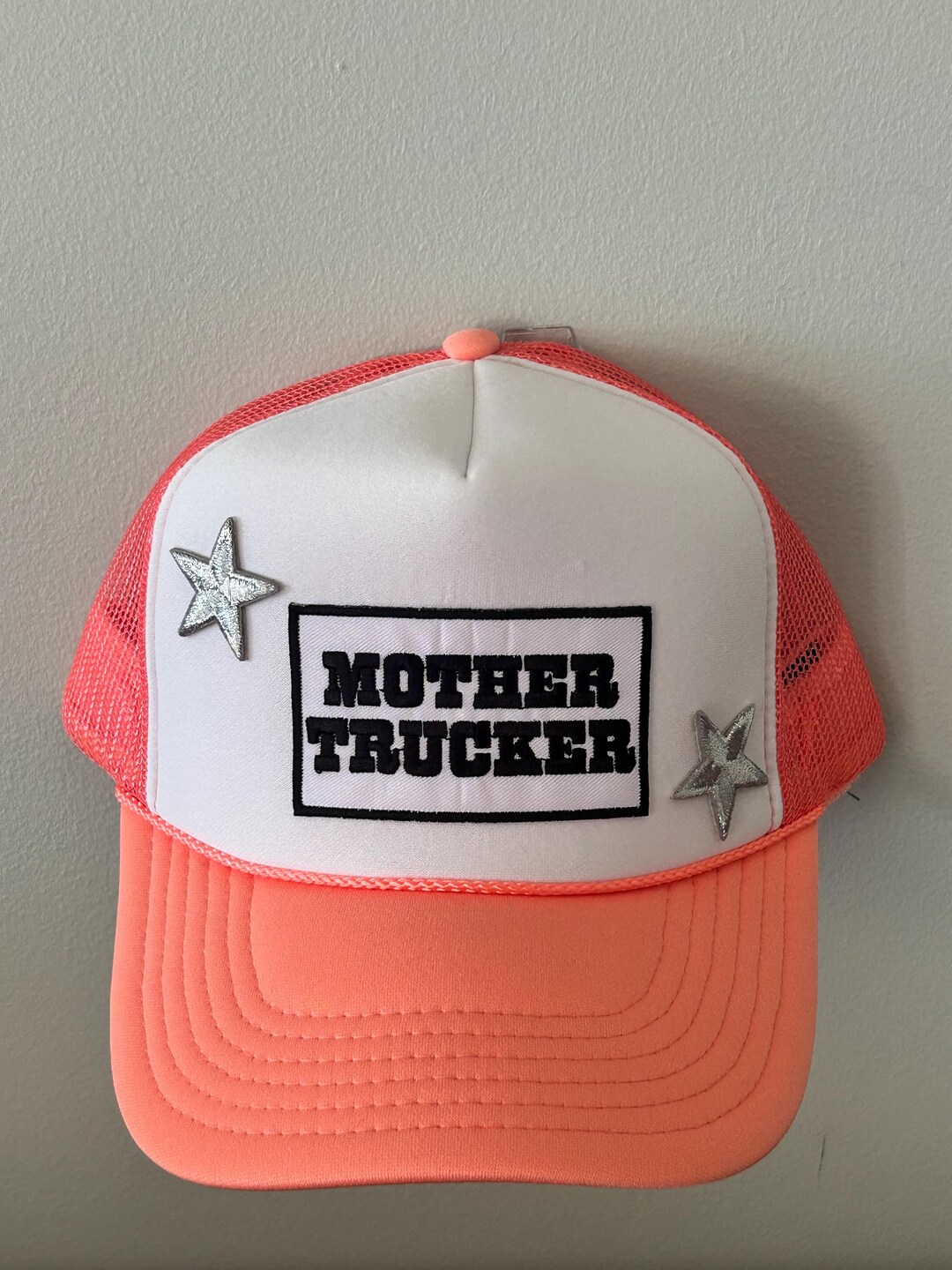 Mother Trucker Hat: Coral Brim, Silver Star Patches - Etsy