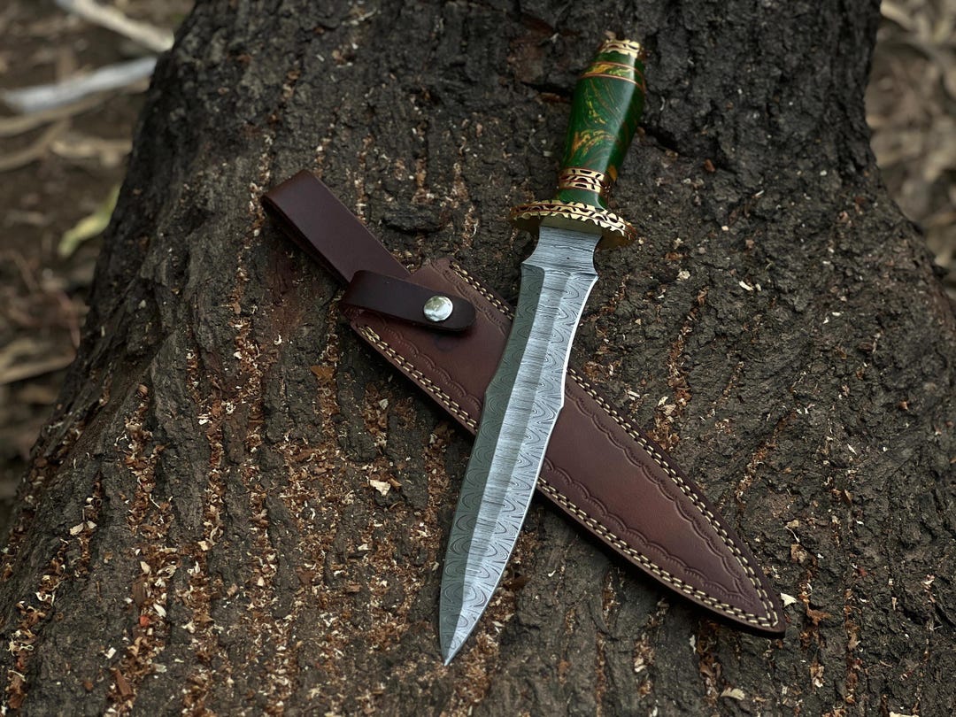 Handmade Damascus Steel Athame Knife: Resin Handle, Leather Sheath - Etsy
