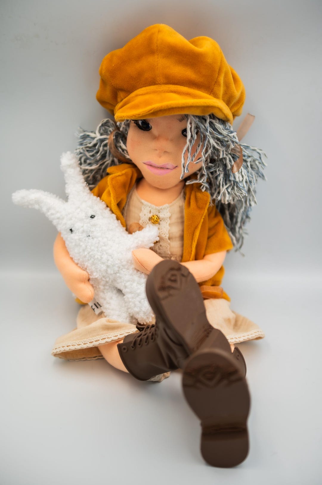 Hand-sewn Decorative Figurine With Mustard Beret, White and Blue Hair ...