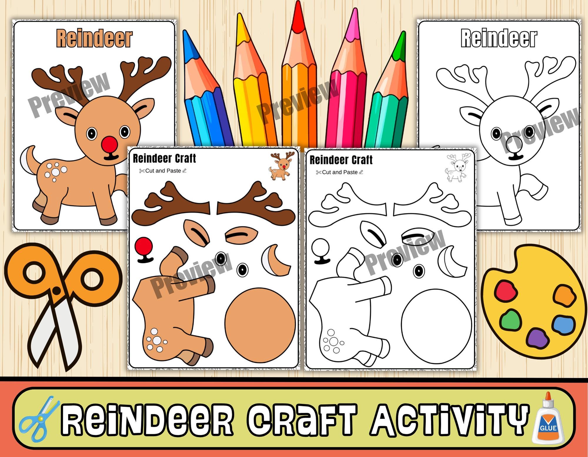 Reindeer Cut and Paste Craft | Winter Art Activity (PDF) - Etsy