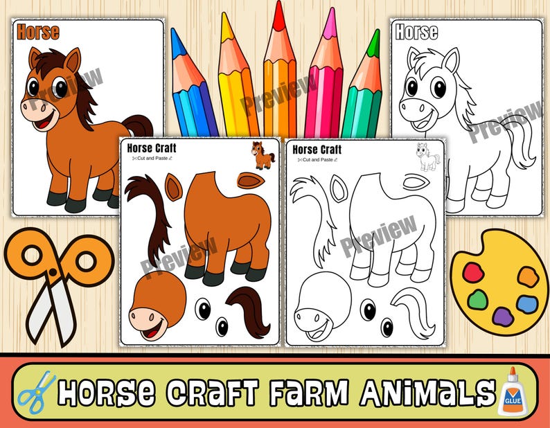 Horse Craft Template: Farm Animal Cut & Paste Activity (PDF Pattern) - Etsy