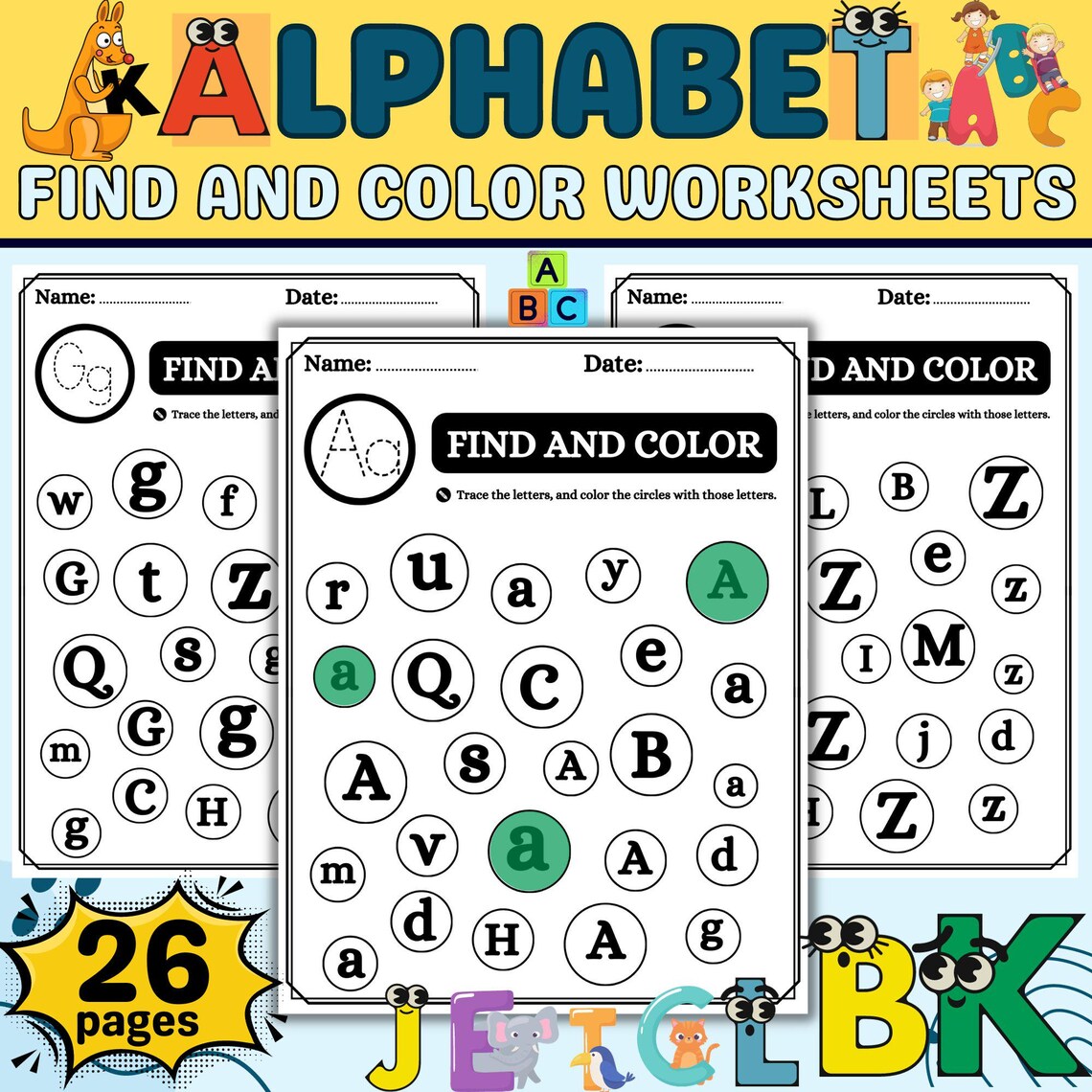 Alphabet Color, Find, Trace Worksheets: Literacy Activity (printable ...