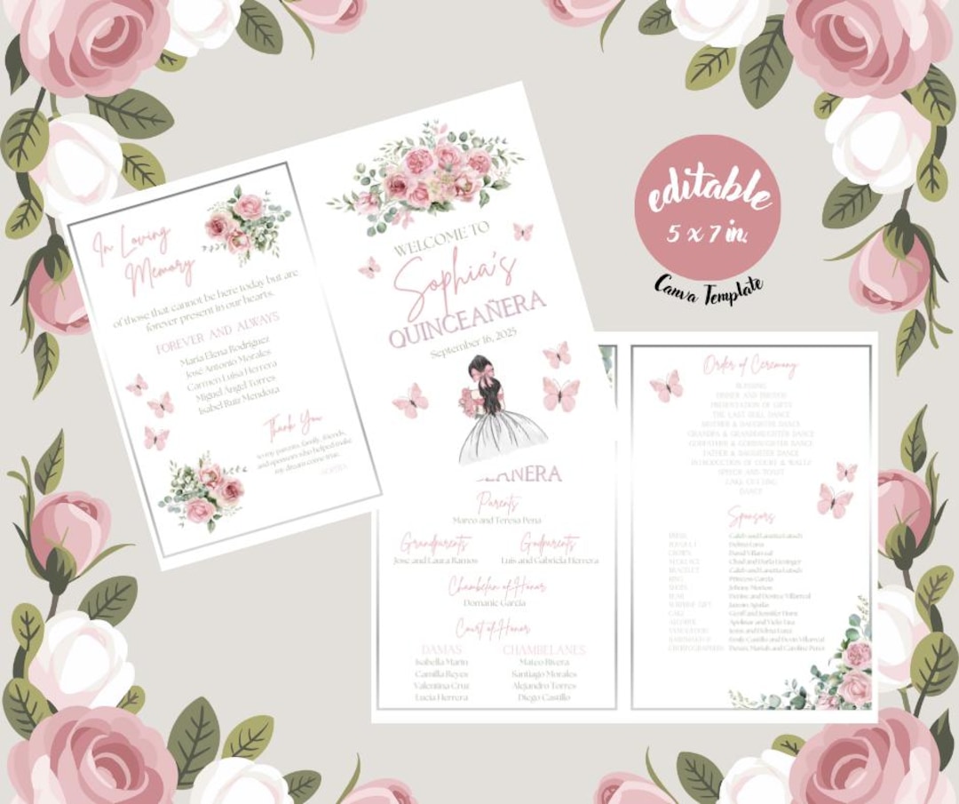 Blush Pink Floral Quinceañera Program | Elegant Birthday Ceremony ...