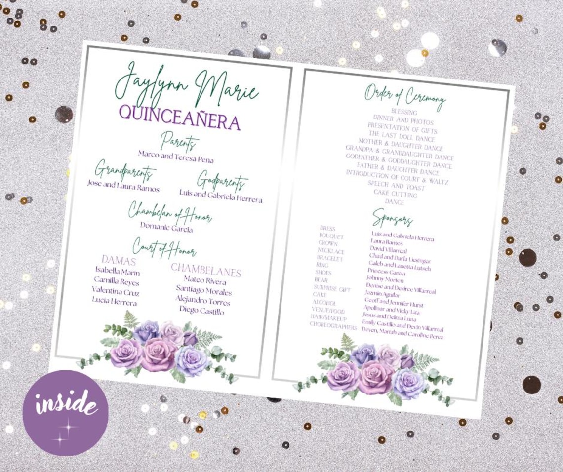 Purple Quinceañera Program Template | Editable Printable Birthday ...