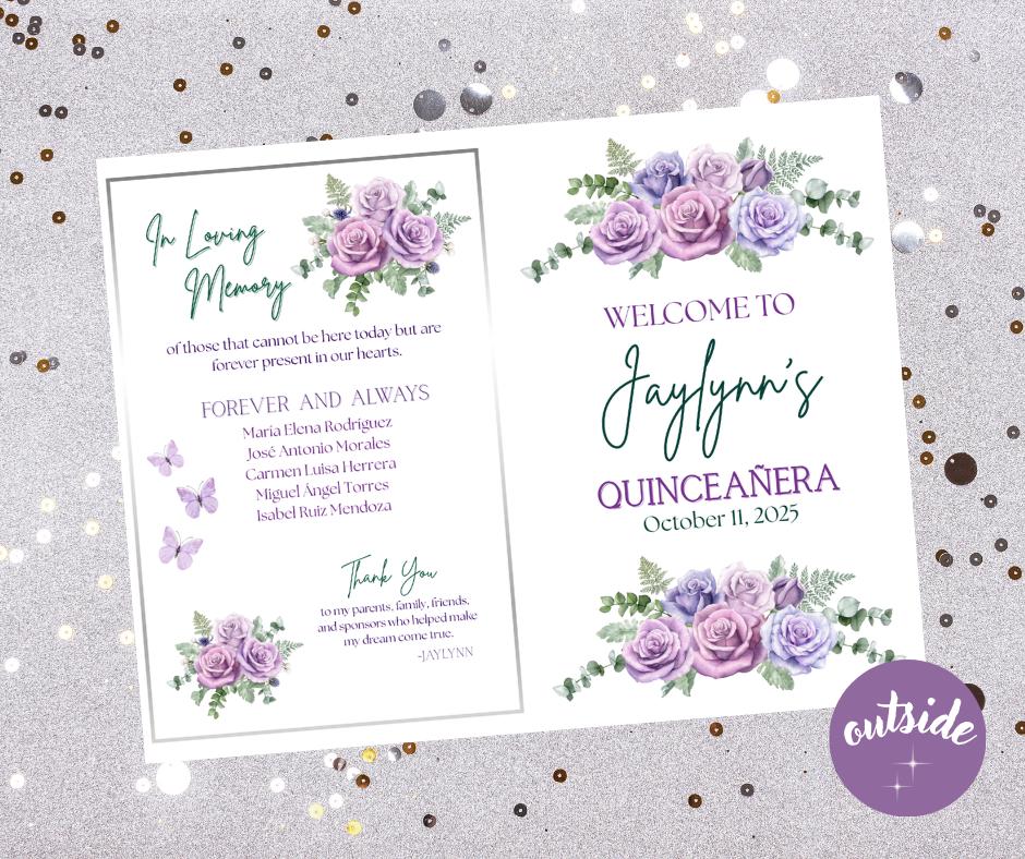 Purple Quinceañera Program Template | Editable Printable Birthday ...