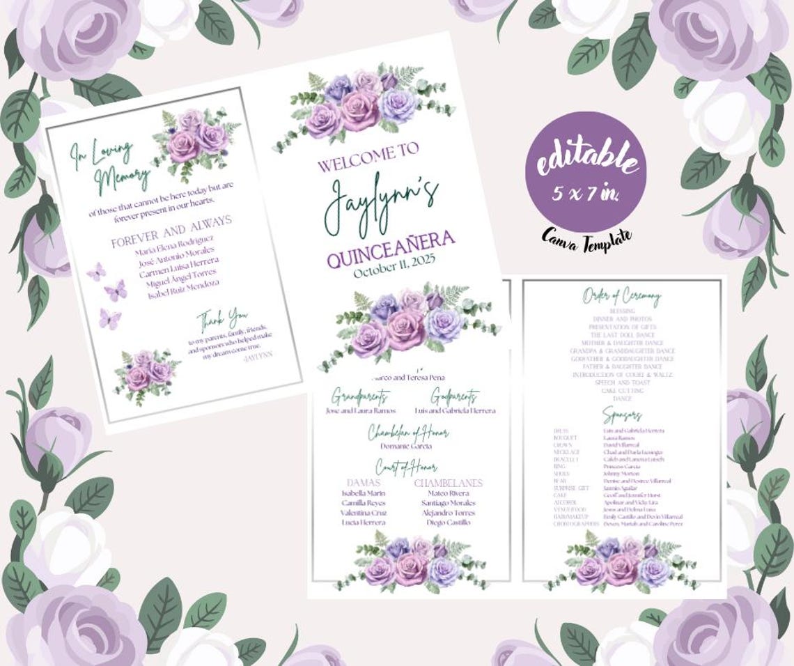 Purple Quinceañera Program Template | Editable Printable Birthday ...