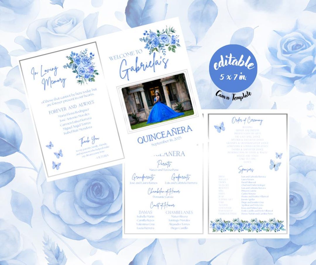Blue Quinceañera Program Template | Editable Printable Birthday ...