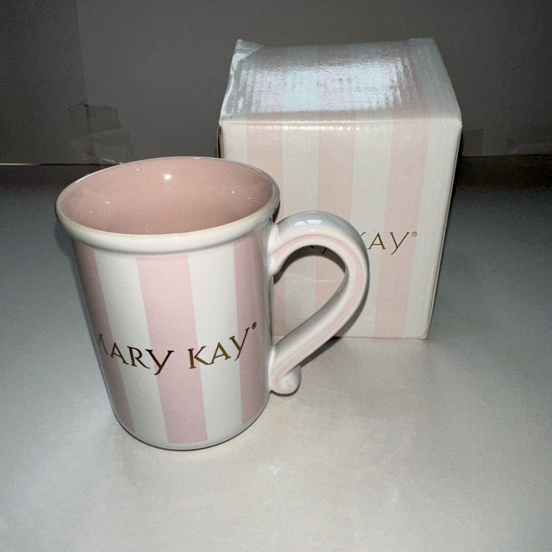 Mary Kay Pink & White Stripe Gold Logo 8oz. Coffee Mug Tea Cup Ceramic ...