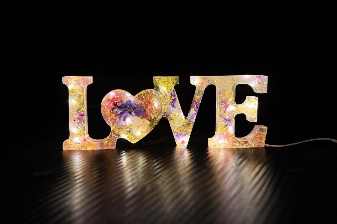 Resin LOVE Sign With Real Flowers & LED Lights – Handmade Floral Home ...