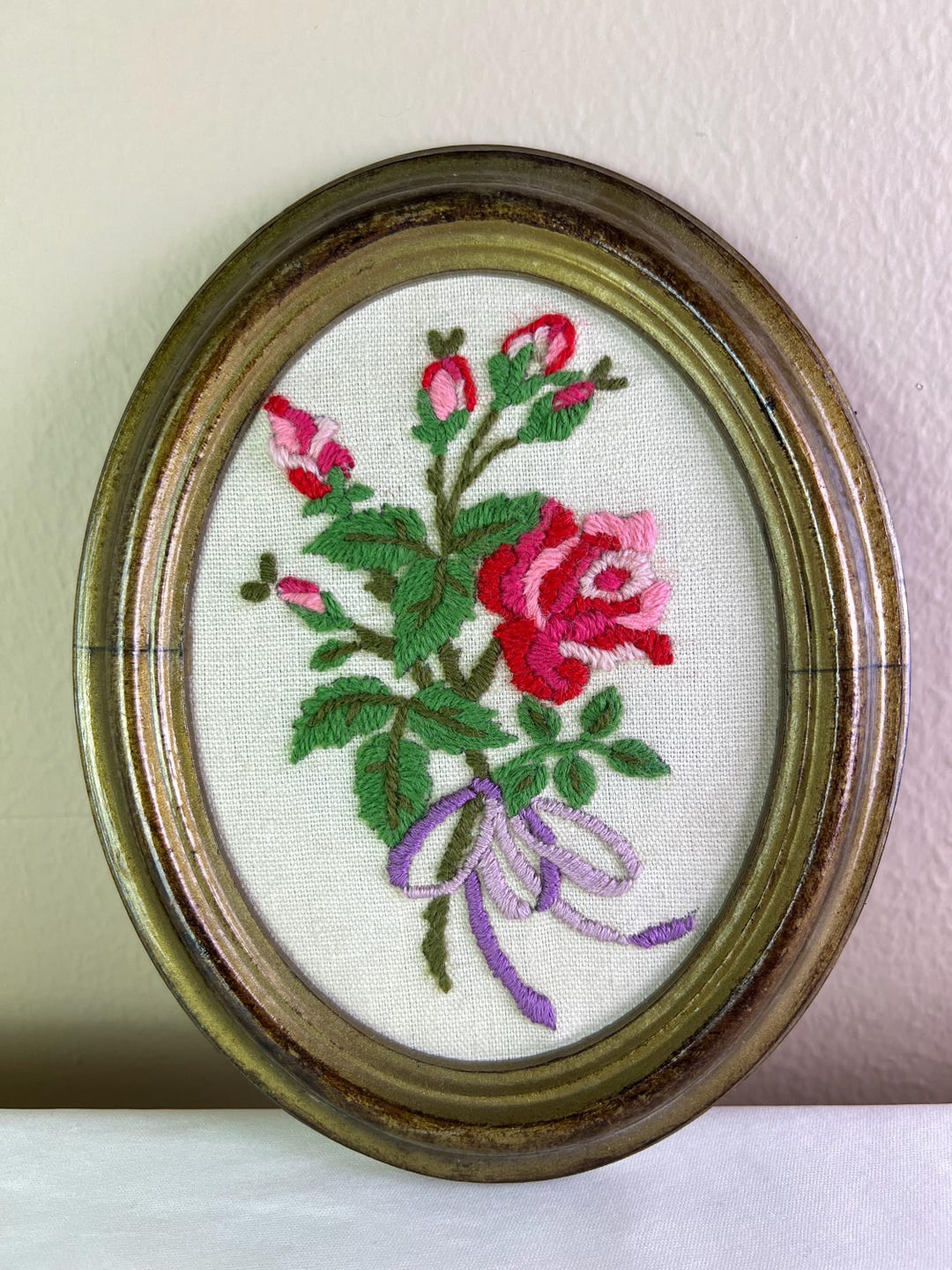 Vintage Oval Framed Embroidery Pink Rose Print Wall Decor, Coquette ...