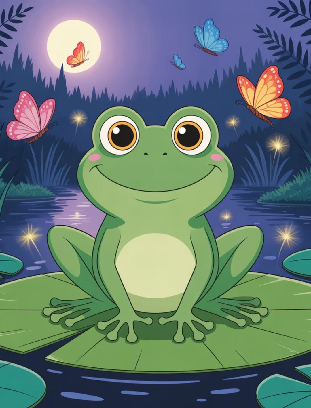 Animated Frog on Lily Pad With Butterflies Under Moonlight | AI Digital ...