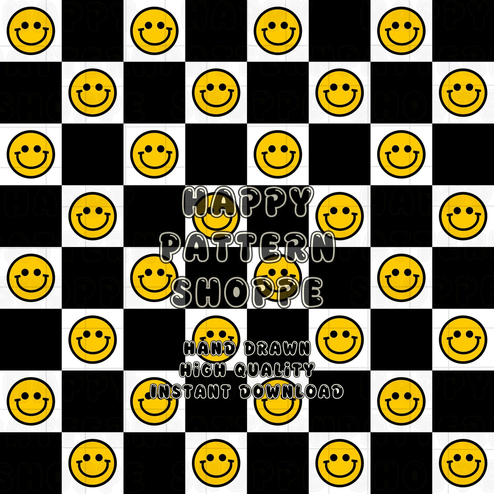 Retro Checkered Smiley Face Seamless Pattern 300 DPI PNG Instant ...