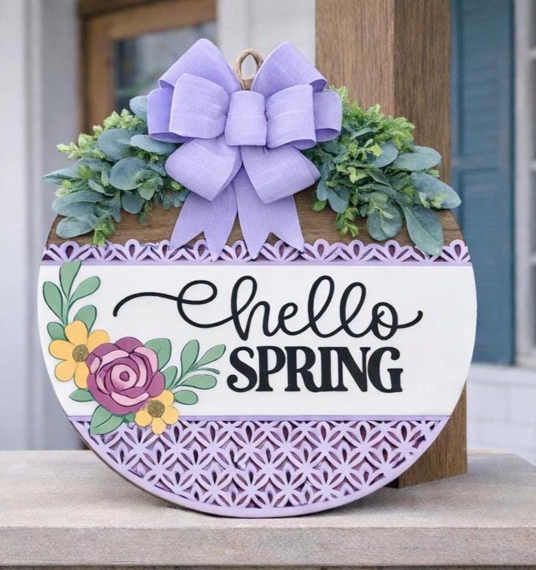 Hello Spring Door Hanger, 18” Round Wooden Front Door Sign, 3D Layered ...