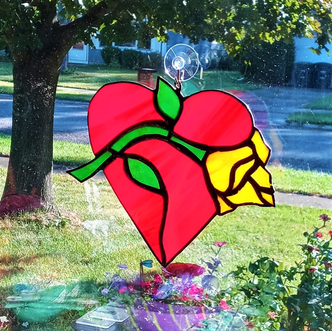 TEXAS SUNCATCHER, 7" X 8", Stained Glass, Heart and Rose, Romantic Gift ...