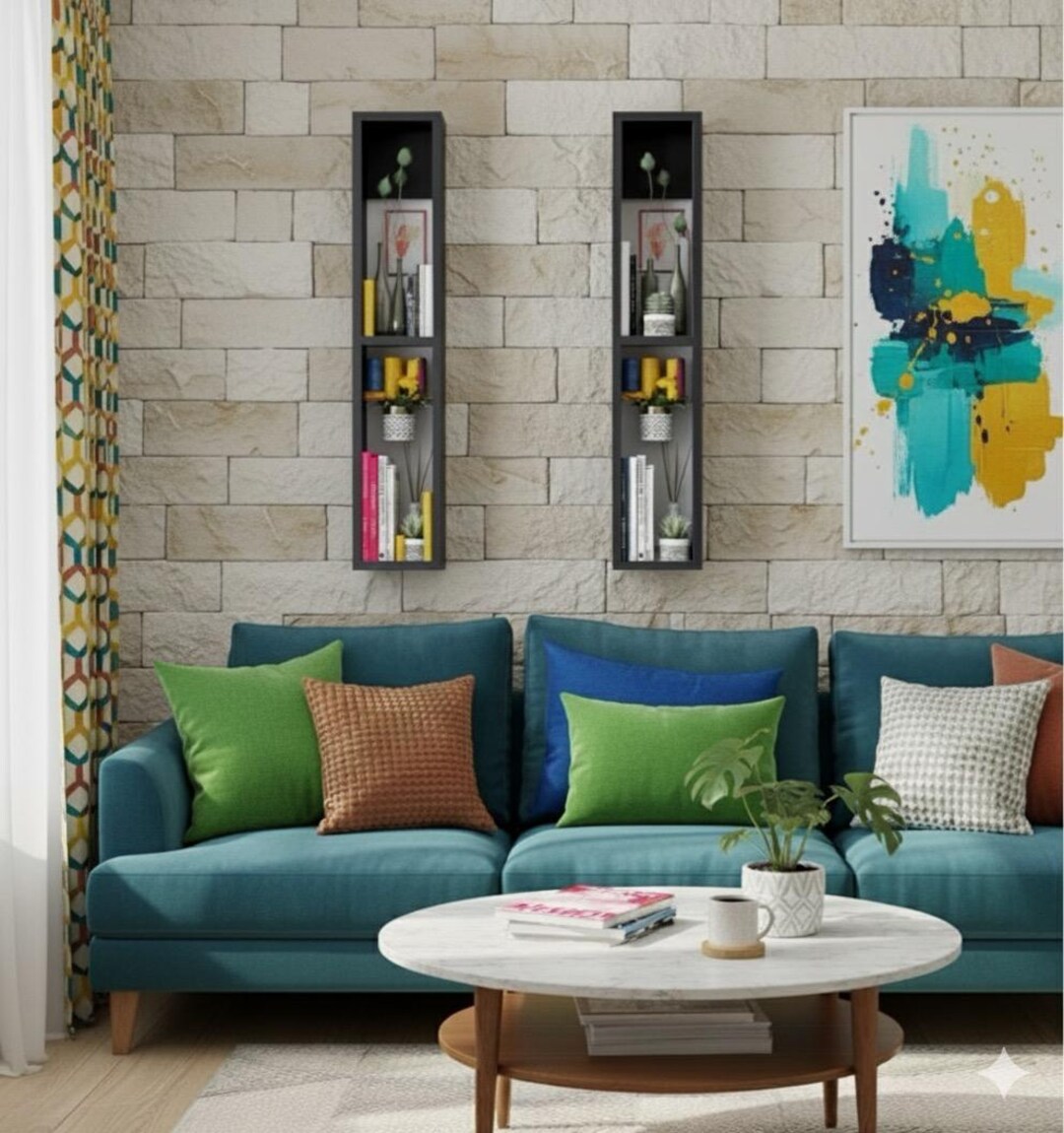 Black Vertical Wall Shelf Set – Modern Narrow Bookshelf & Display Rack ...