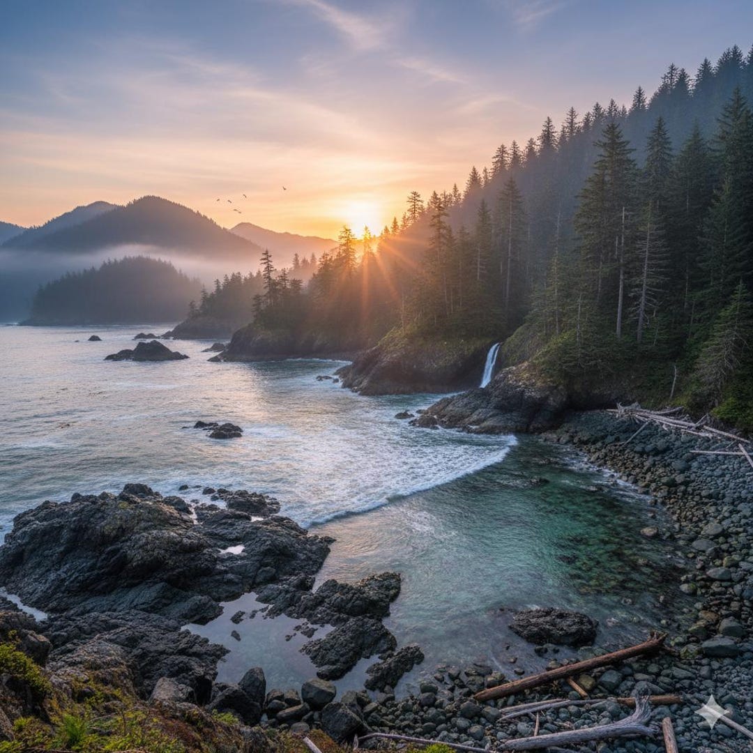 Digital Nature Art Print: A Misty Cove During Sunset - Etsy