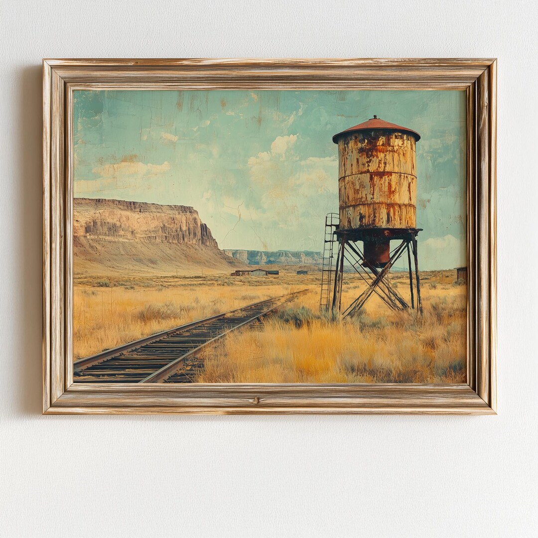 Rustic Water Tower Landscape Art – Vintage Ghost Town Scene (digital ...