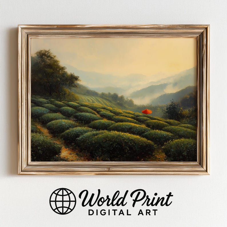 Printable Japanese Tea Plantation Landscape - Serene Misty Hillside Art ...