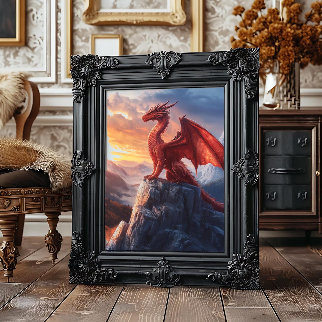 Dramatic Red Dragon Fantasy Art Print - Majestic Dragon at Dusk, Epic ...