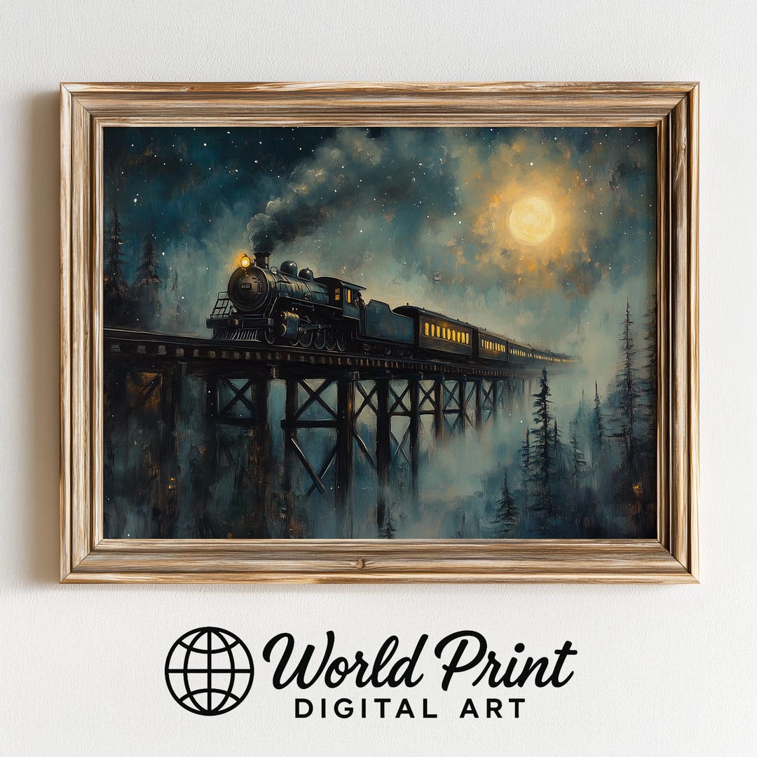 Vintage Steam Train Night Landscape Print – Moody Railroad Wall Art ...