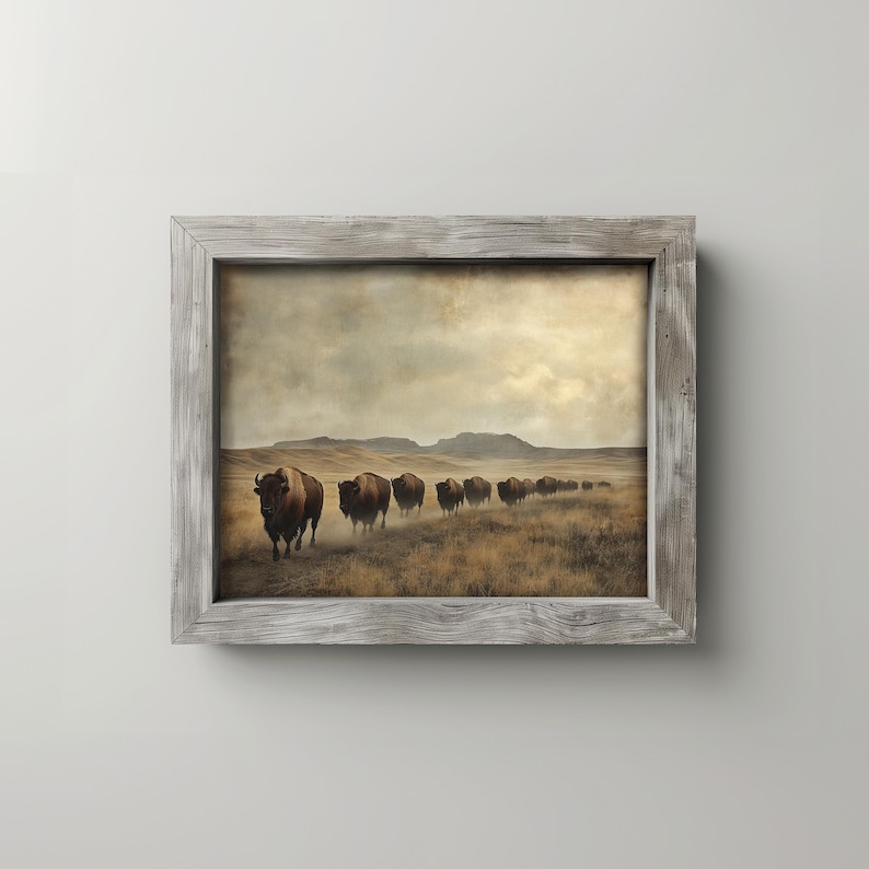 Rustic Bison Herd Prairie Landscape: Moody Western Art (digital ...